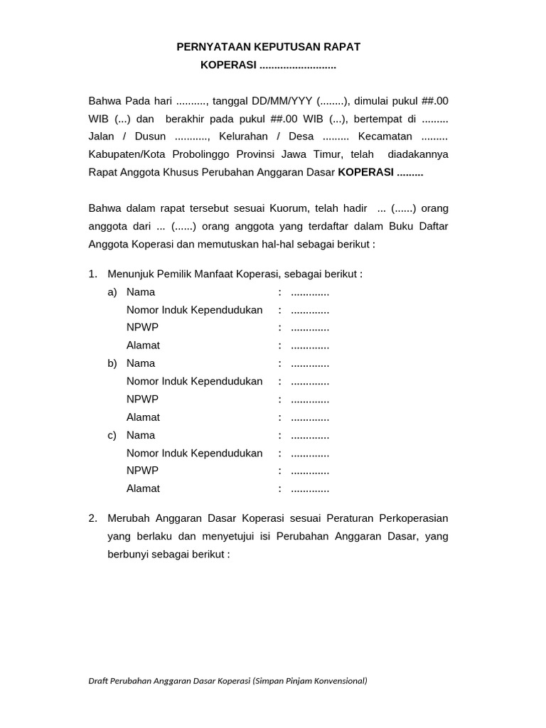 Rapat Perubahan Anggaran Dasar Koperasi | PDF