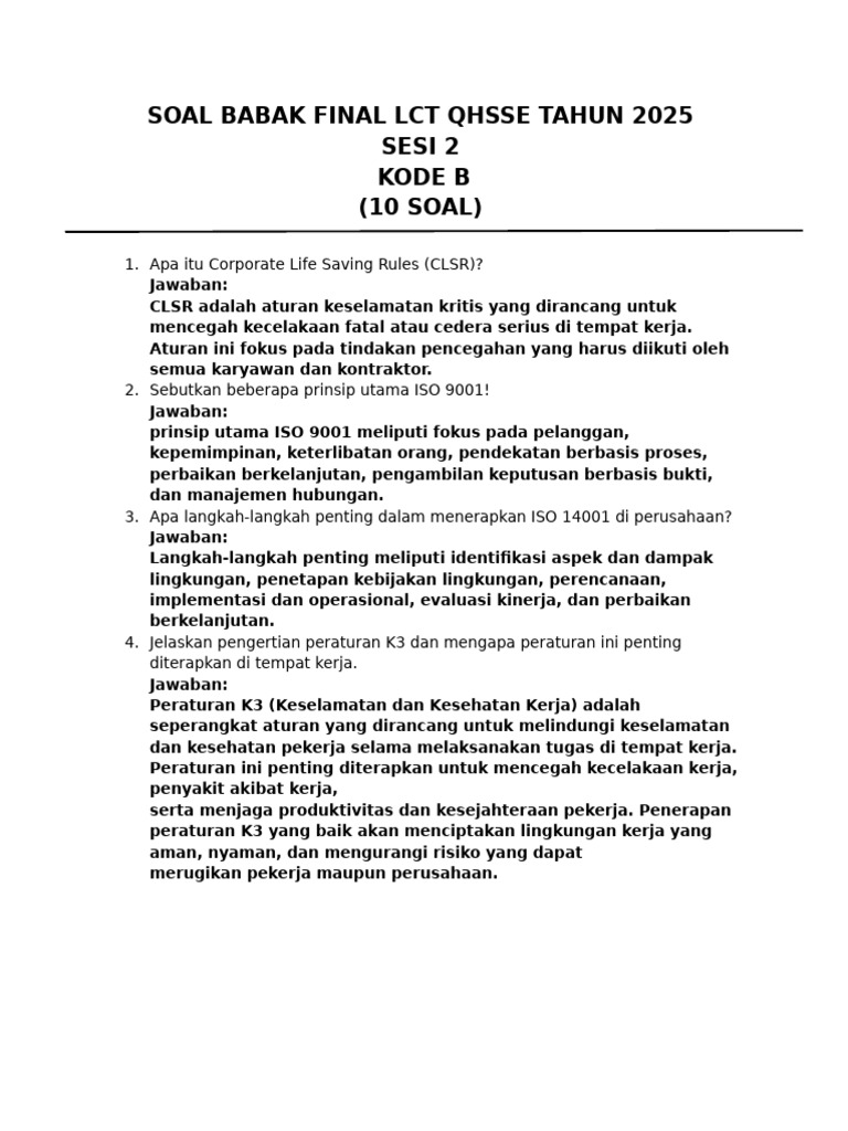 Soal Final Sesi 1-A LCT Qhsse Tahun 2025 | PDF