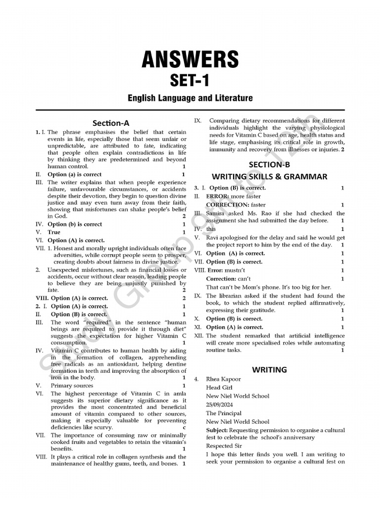 Class 10 English CBSE Question Paper Answers | PDF