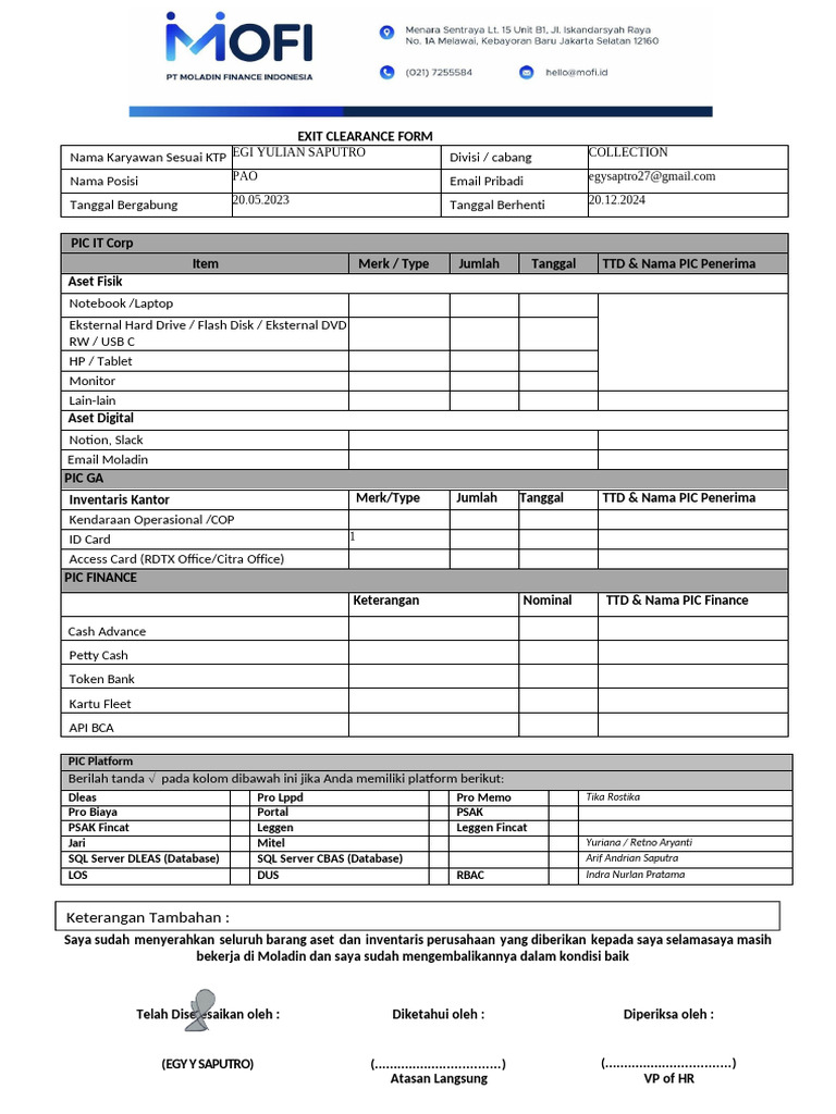 Formulir Clearance Karyawan Moladin | PDF