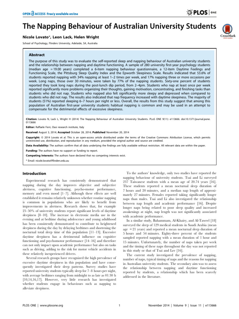 The Napping Behaviour of Australian University Students | PDF | Sleep ...