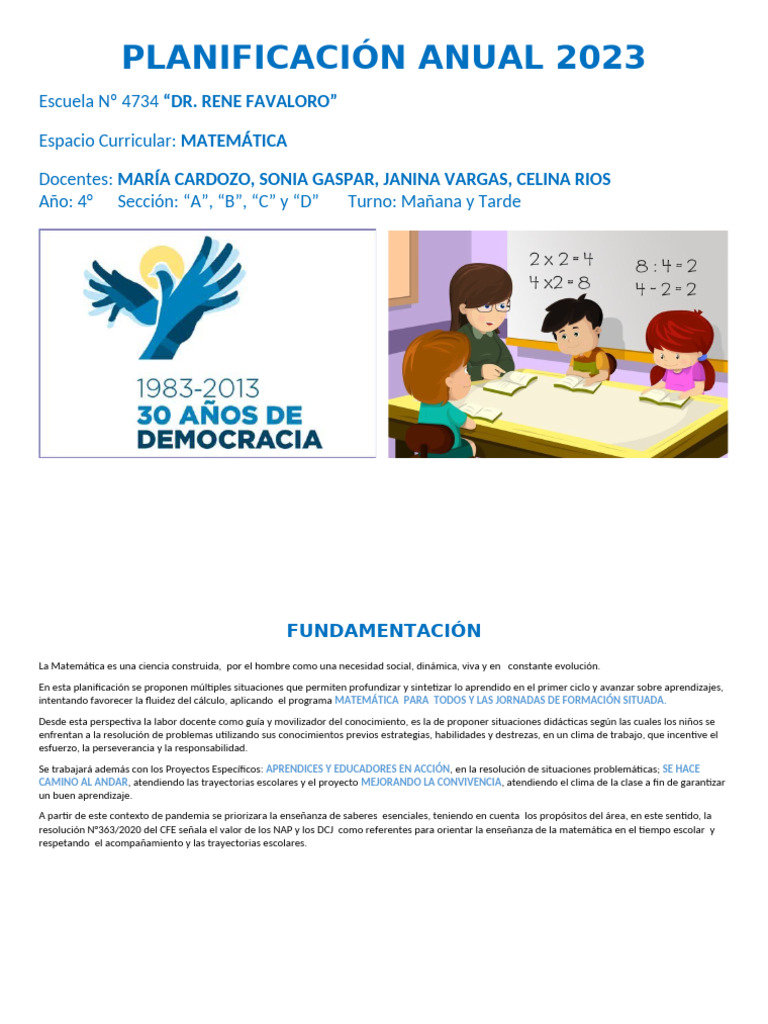 PlanificaciÓn Anual 2023 De Matematica Pdf Números División 1270