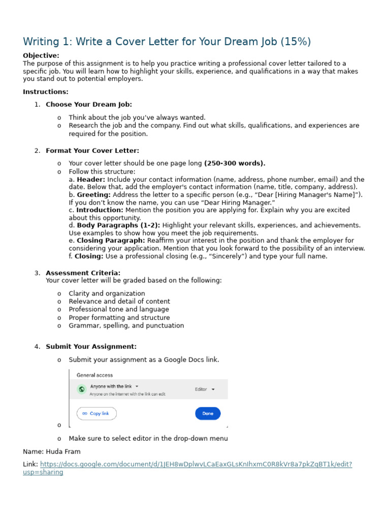 Writing 1 Cover - Letter.for - Your.dream - Job | PDF | Vocabulary ...