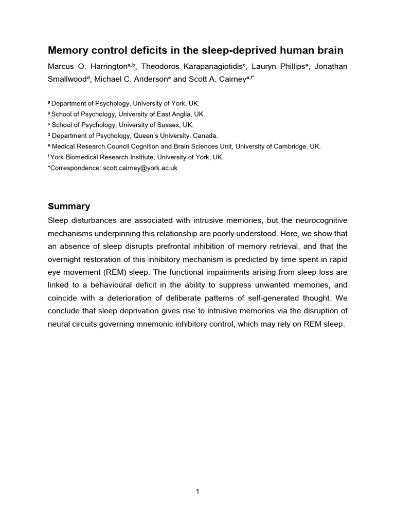 Memory Control Deficits in The Sleep-Deprived Human Brain: A, B C A D e ...