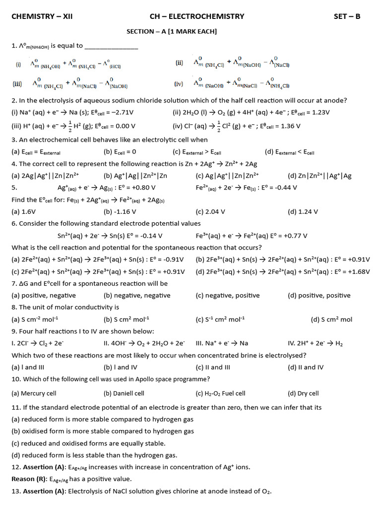 CBSE-XII-ELECTROCHEMISTRY-SET-B | PDF | Electrochemistry | Applied And Interdisciplinary Physics