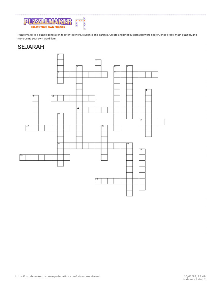 Criss Cross Puzzle - Discovery Education Puzzlemaker 2 | PDF