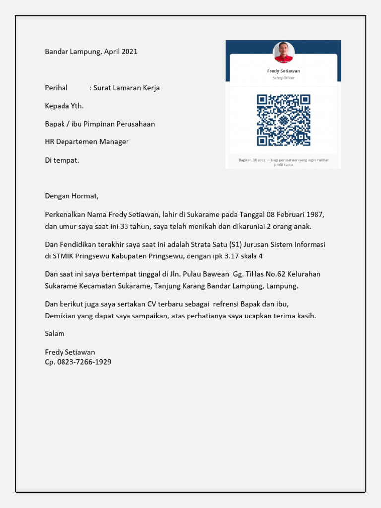 Surat Lamaran Kerja An - Fredy Setiawan | PDF