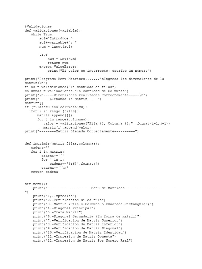 Menu Matrices Codigo | PDF | Matriz (Matemáticas) | Matemáticas