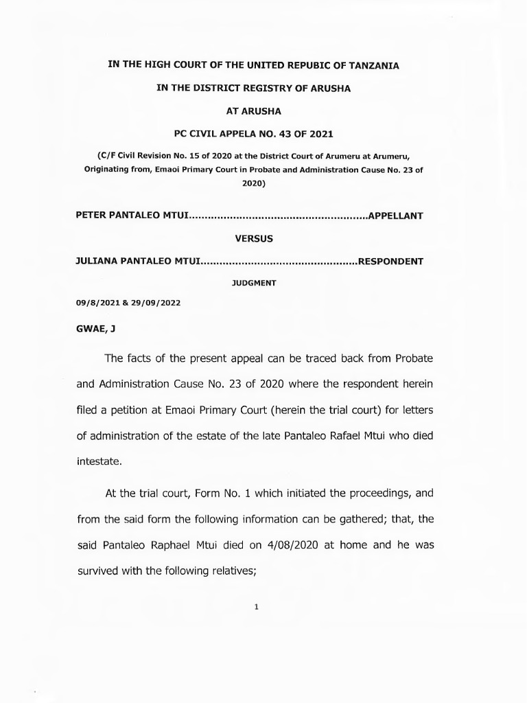 Peter Pantaleo Mtui vs Juliana Pantaleo Mtui (PC Civil Appeal 43 of ...