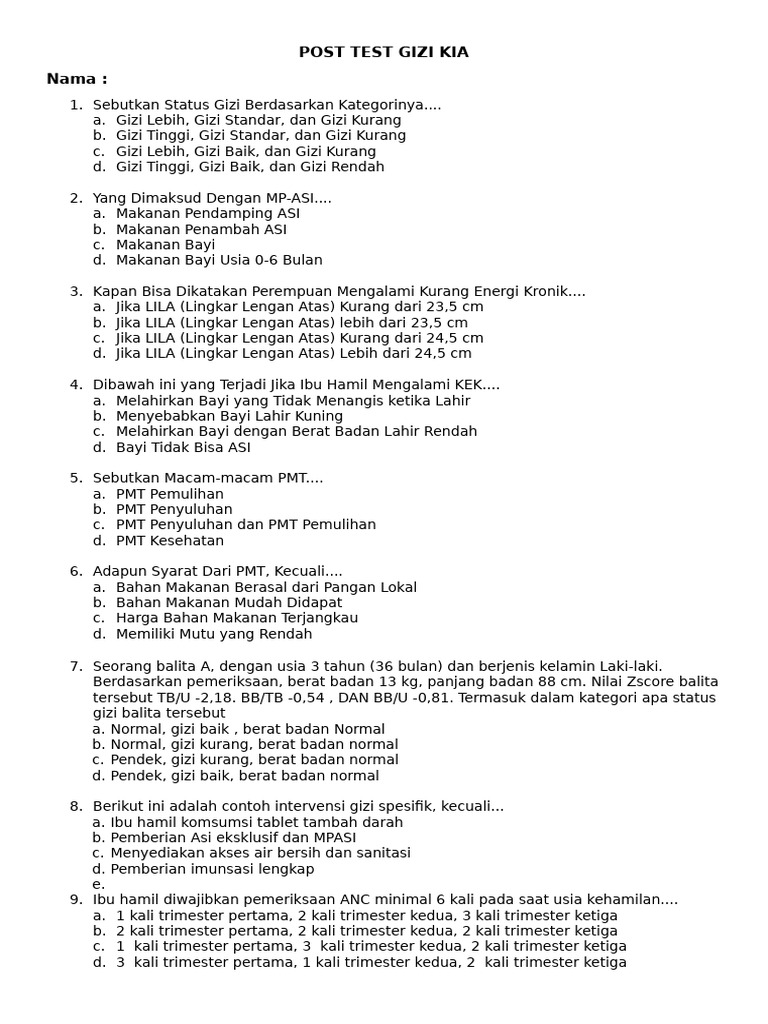 Pre Test Gizi Kia | PDF