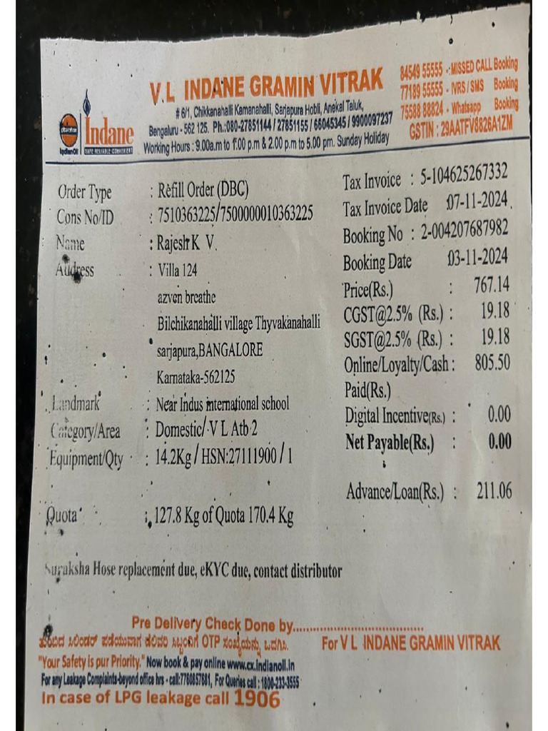 Indane Gas Bill Rajesh | PDF