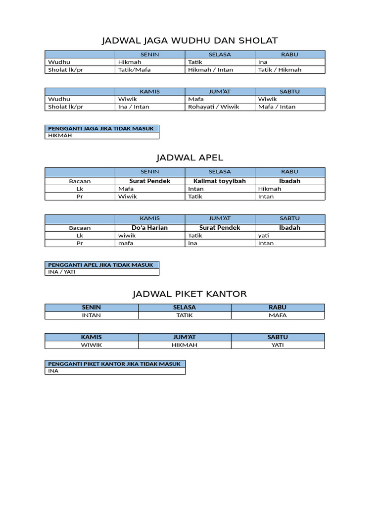 Jadwal Jaga Wudhu Dan Sholat | PDF