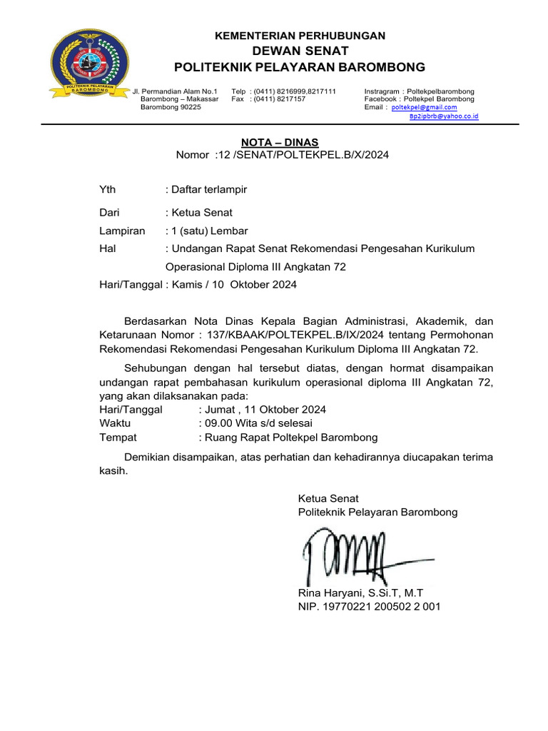 Undangan Rapat Senat Kurikulum 2024 | PDF