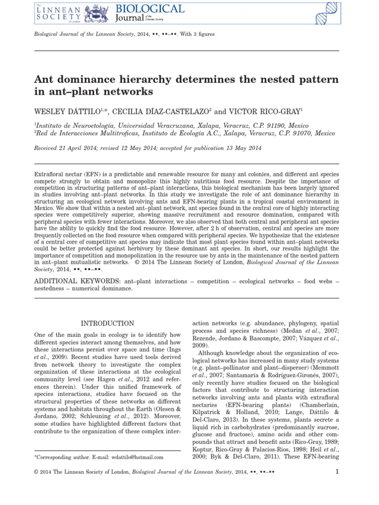 Ant Dominance Hierarchy Determines The Nested Pattern in Ant-Plant ...