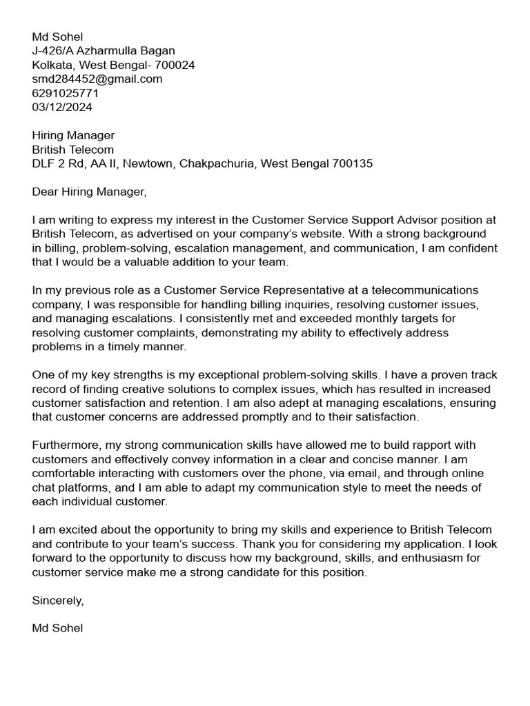 Cover Letter MD Sohel | PDF