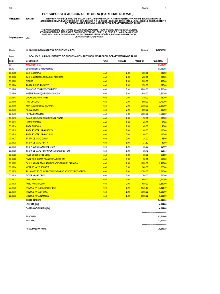 PRESUPUESTO ADICIONAL LA PILCA | PDF | Edificios y estructuras | edificio
