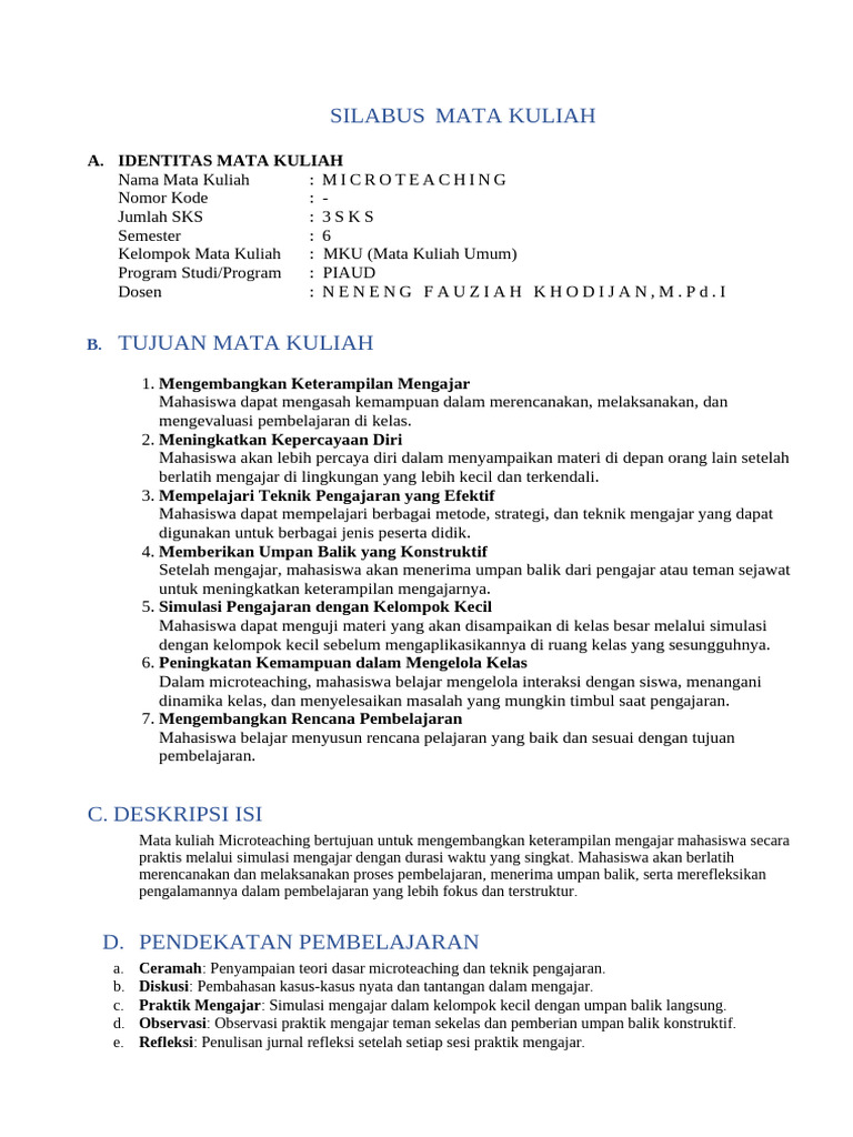 SILABUS MATA KULIAH MICROTEACHING | PDF