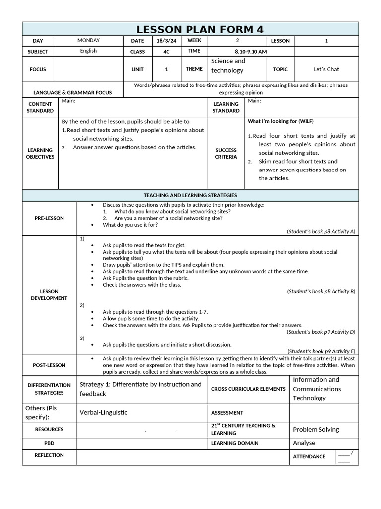 English Lesson Plan: Social Networking | PDF | Lesson Plan | Social ...