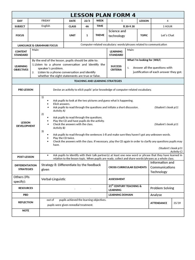 Lesson Plan 4 (FORM 4) | PDF | Question | Vocabulary