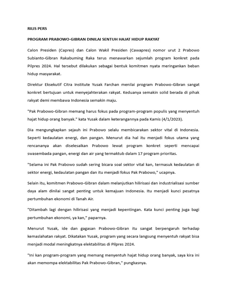 Rilis Pers - Program Prabowo Gibran Dinilai Sentuh Hajat Hidup Rakyat | PDF