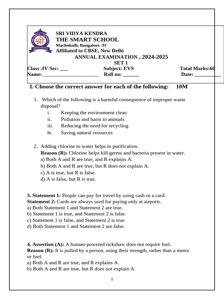 Grade IV EVS Annual Exam Set 1 | PDF | Water