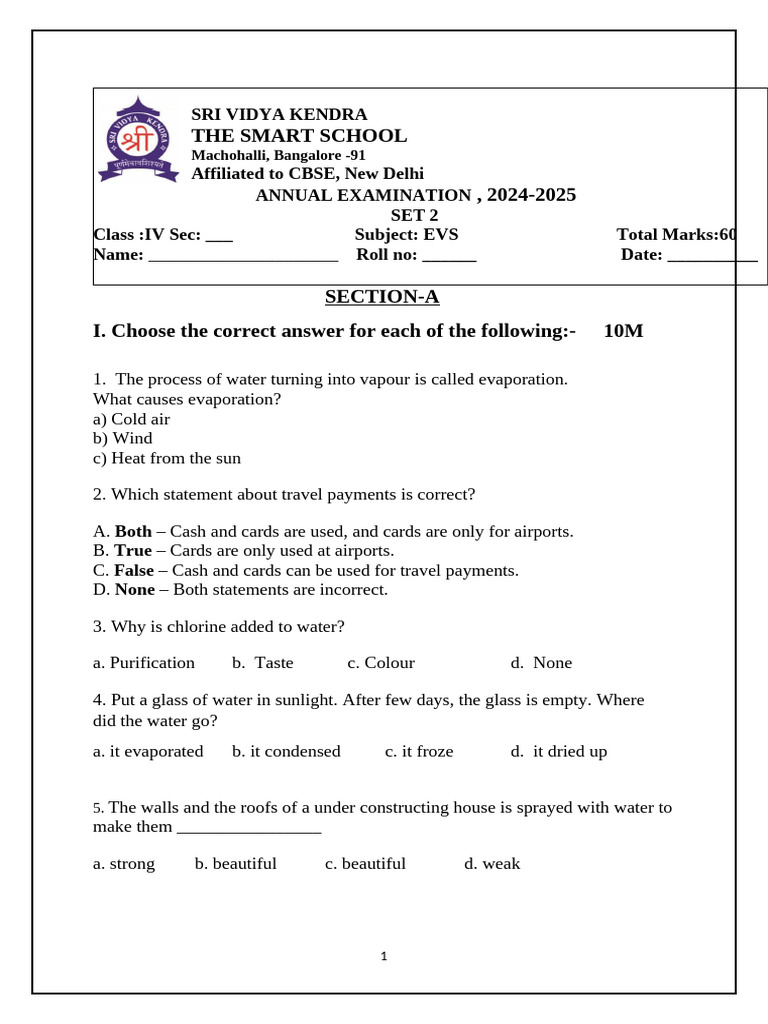 Class IV EVS Annual Exam Set 2 | PDF | Water | Earth Sciences