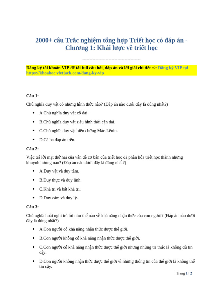 2000 Cau Trac Nghiem Tong Hop Triet Hoc Co Dap an Chuong 1 Khai Luoc Ve Triet Hoc 2025-02-19 | PDF