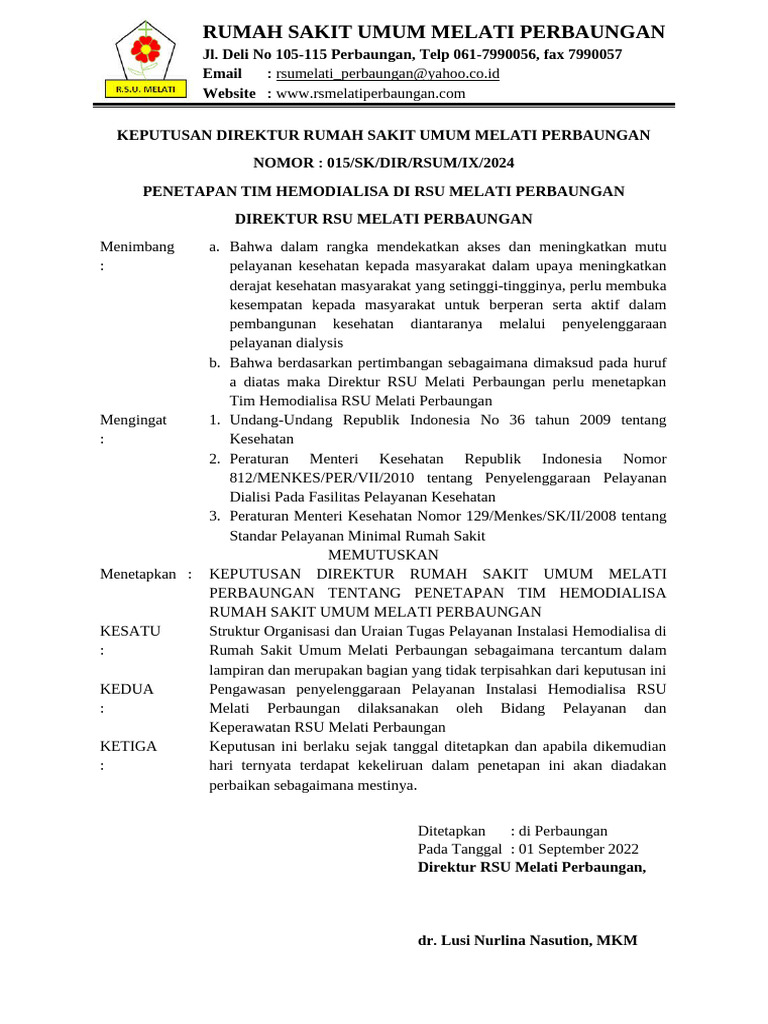Penetapan Tim Hemodialisa RSU Melati | PDF