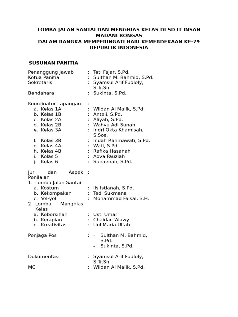 LOMBA JALAN SANTAI DAN MENGHIAS KELAS DI SD IT INSAN MADANI BONGAS | PDF