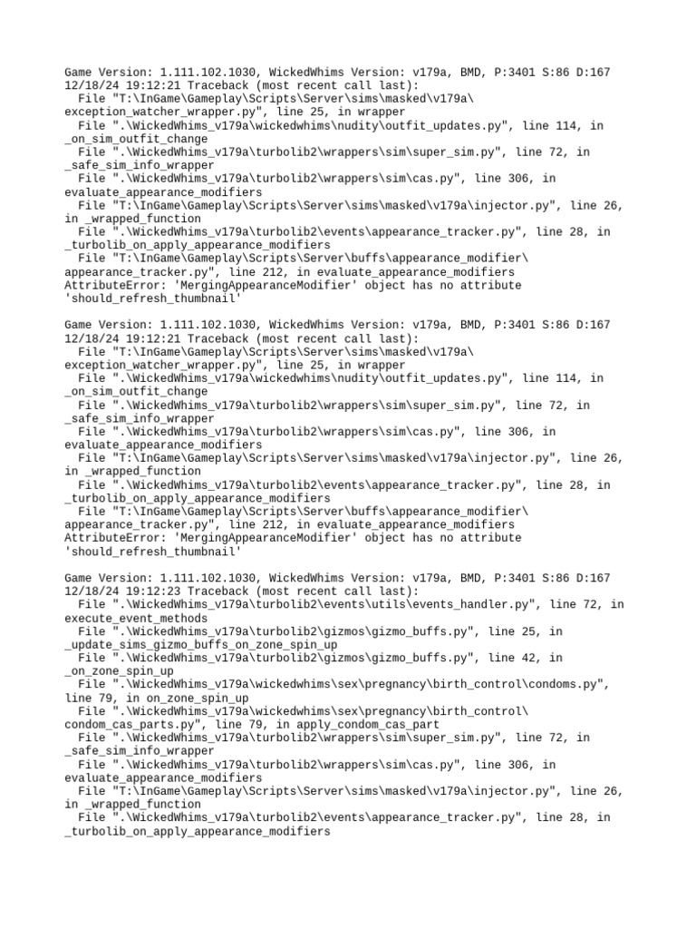 WickedWhims V179a Exception | PDF | Computing | Software