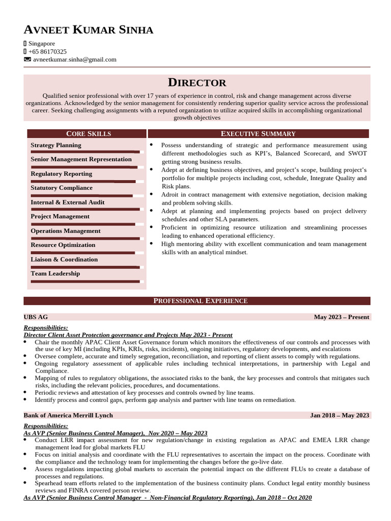 Avneet Kumar Sinha-Resume - Jan 2024 | PDF | Regulatory Compliance | Governance