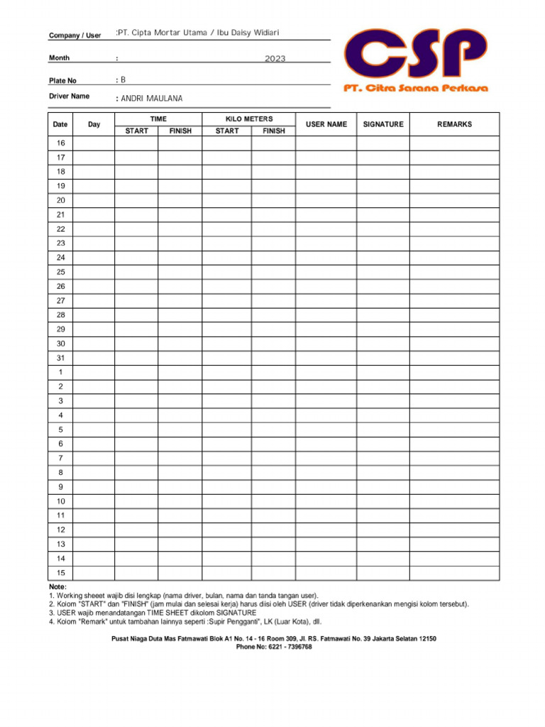 Bagi TIME SHEET DRIVER (PERIODE 16 - 15) | PDF