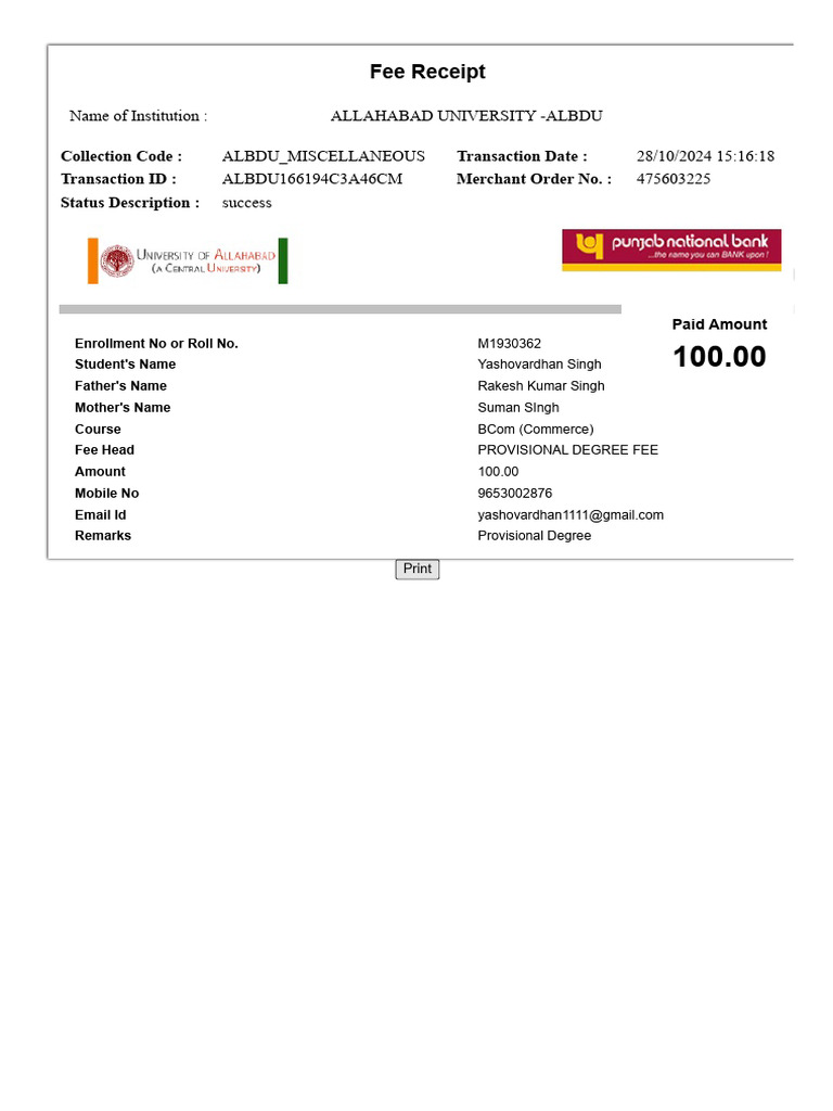 Provisional Degree Fee Payment Receipt | PDF