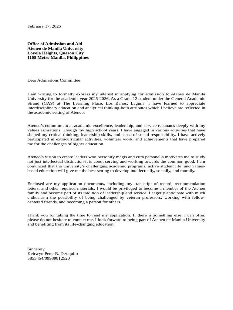 Ateneo de Manila University Admission Letter | PDF