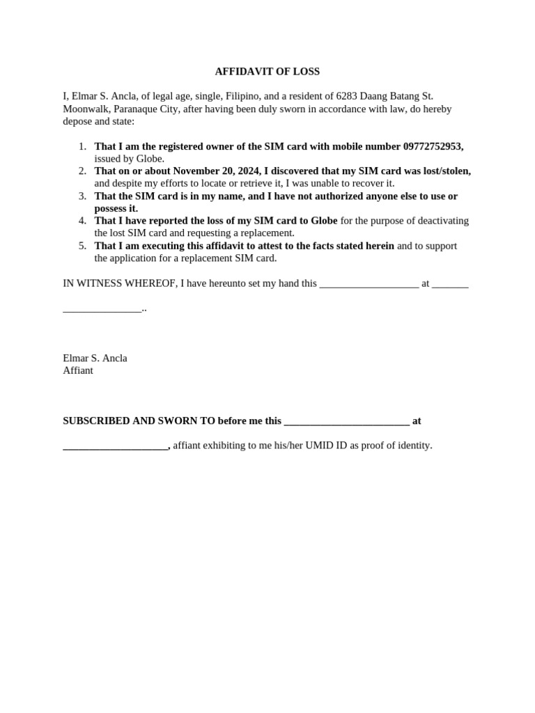 Affidavit of Loss | PDF