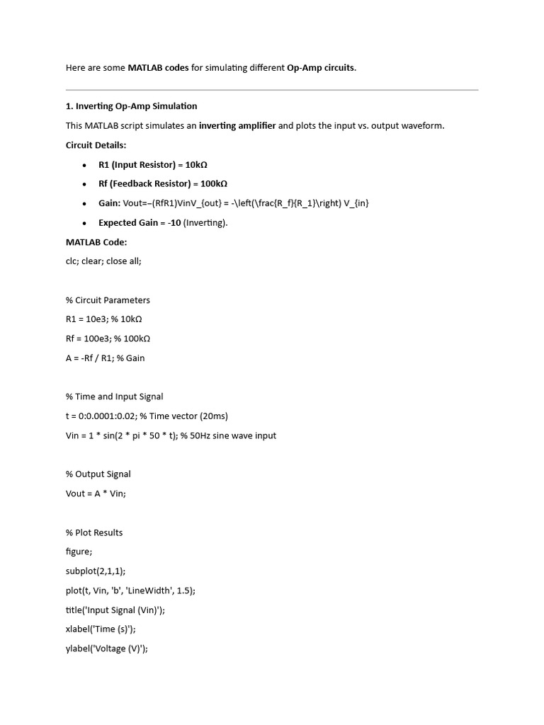 Here Are Some MATLAB Codes For Simulating Different Op | PDF | Operational Amplifier | Amplifier