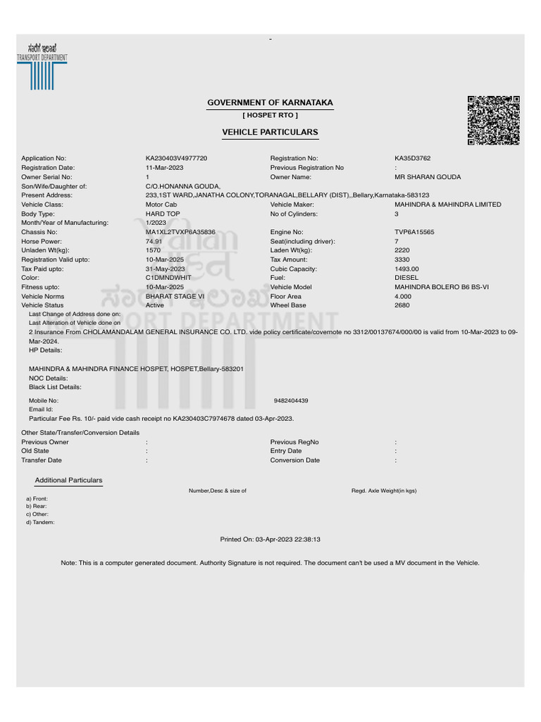 Vehicle Registration Details | PDF | Transport | Vehicle Technology