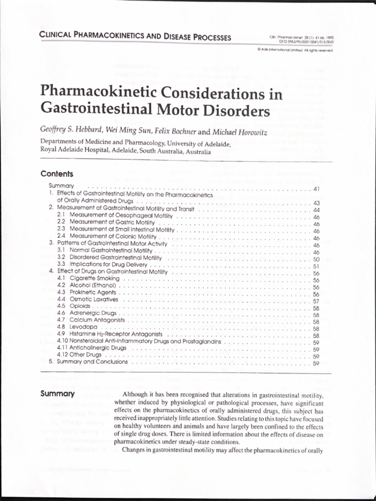 Pharmacokinetic Considerations in GI Motor Disorders | PDF
