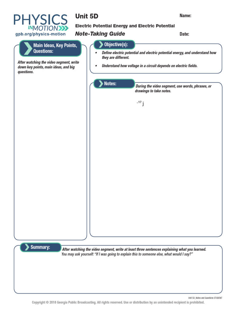 Unit 5D Notetaking Guide and QuestSTUDENT | PDF | Potential Energy ...