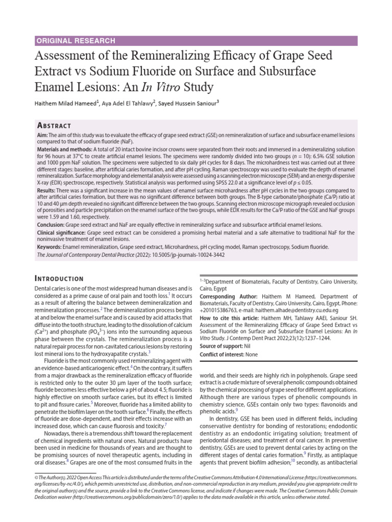 Assessment of The Remineralizing Efficacy of Grape Seed | PDF