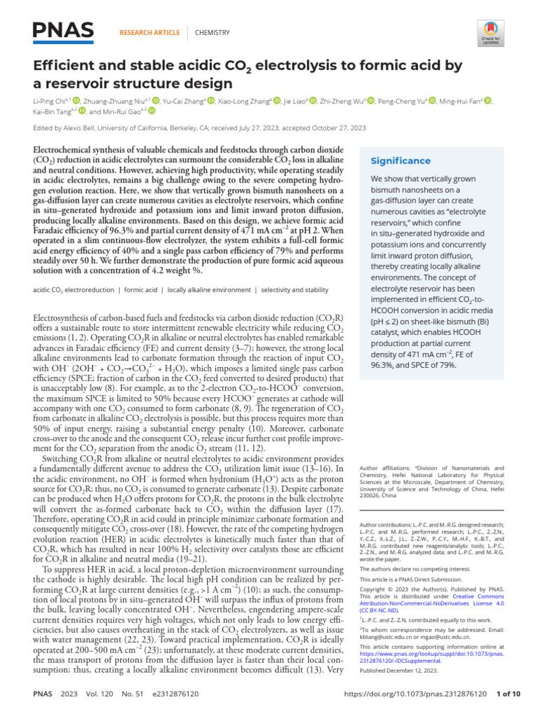 Efficient and stable acidic CO2 electrolysis to formic acid by a ...