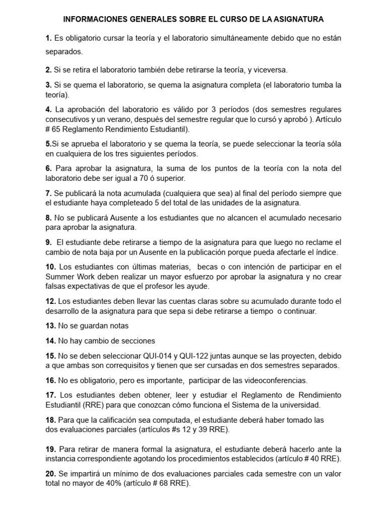 INFORMACIONES IMPORTANTES SOBRE EL CURSO DE LA ASIGNARTURA | PDF ...