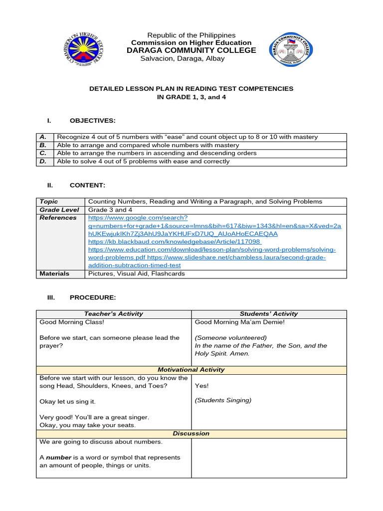 Lesson Plan Numeracy | PDF | Lesson Plan | Cognition