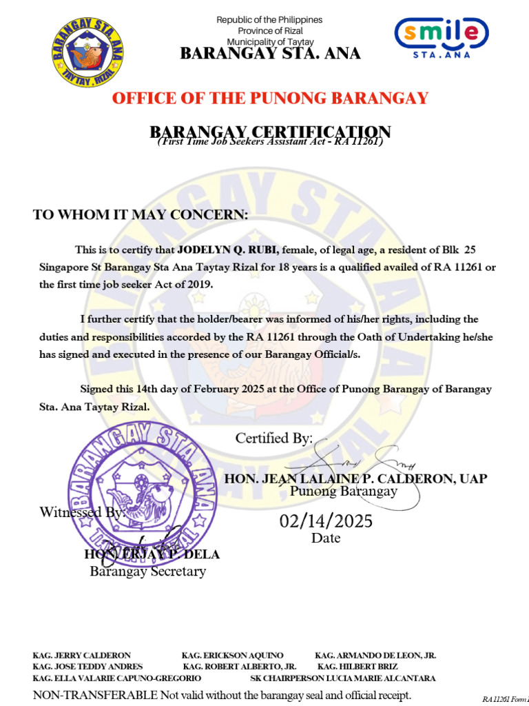 Barangay Certification for RA 11261 | PDF