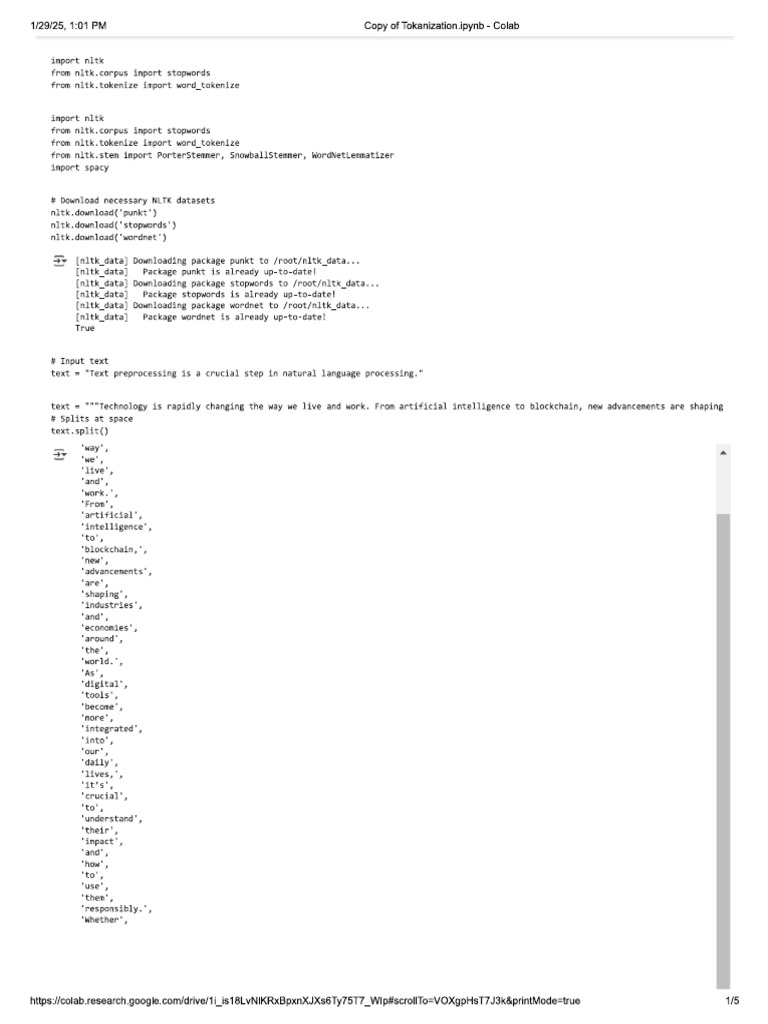 Code For NLP Experiment - Tokenisation | PDF