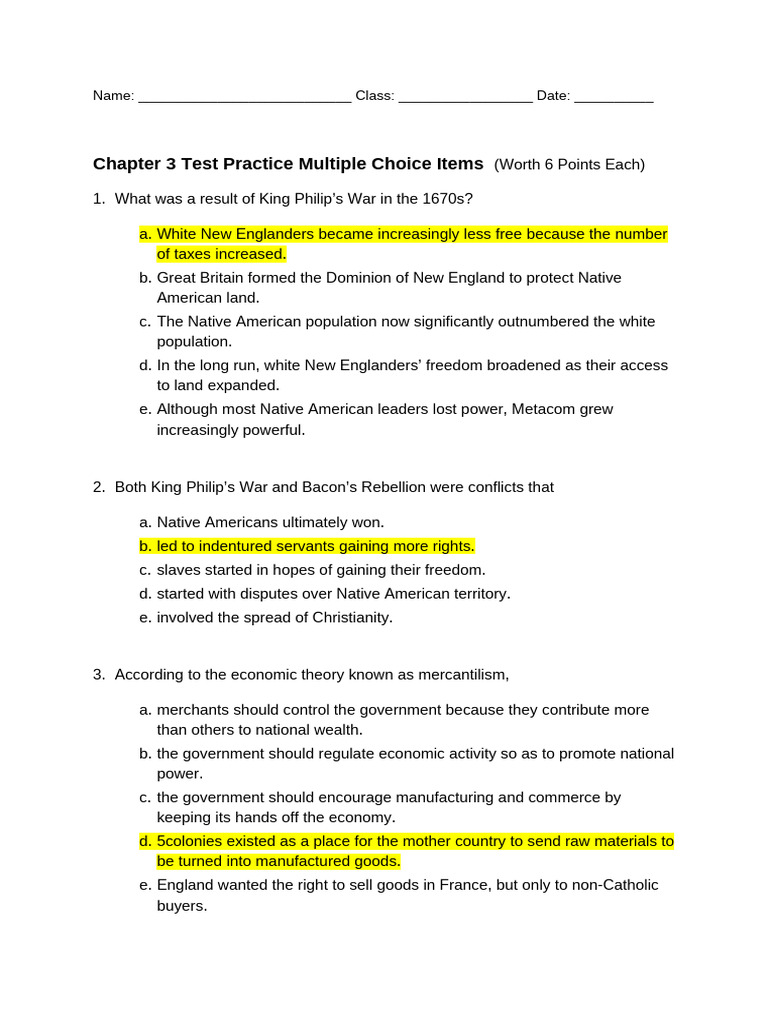 Chapter 3 Test Practice Questions | PDF | Slavery | Slavery In The ...