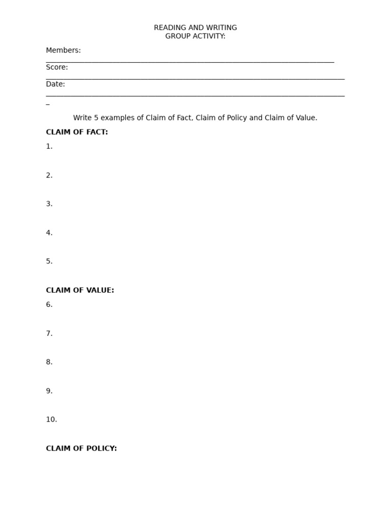 Write 5 Examples of Claim of Fact | PDF