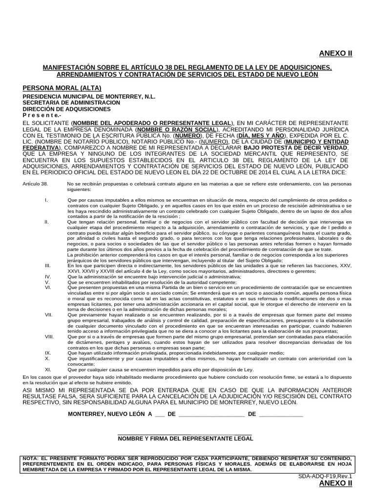 Manifestación Art. 38 Ley Adquisiciones NL | PDF
