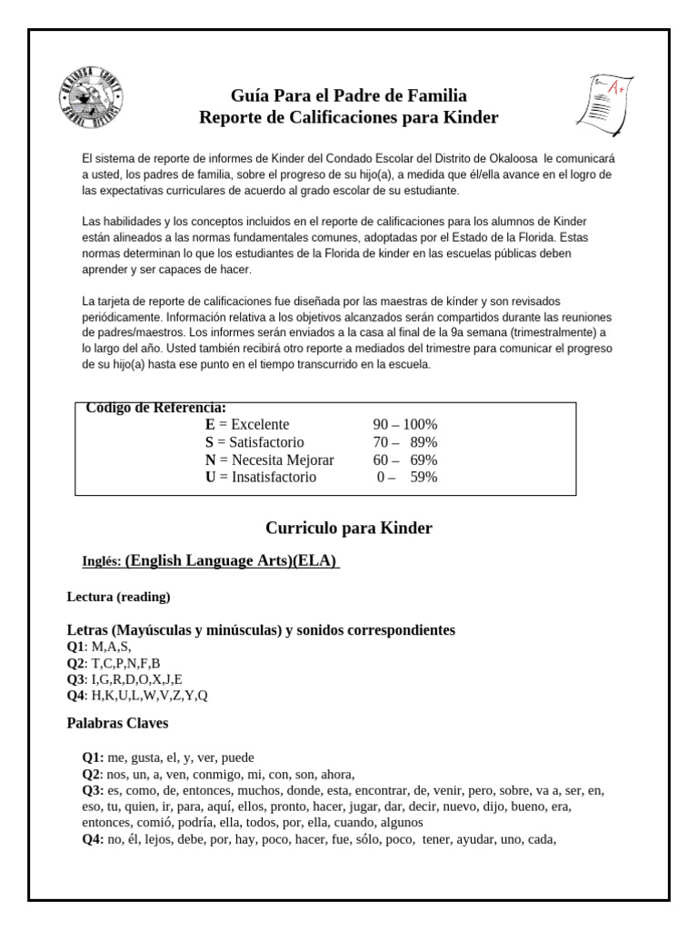 KG Report Parent Guide Spanish 8-2-2013 | PDF | Educación de la primera ...