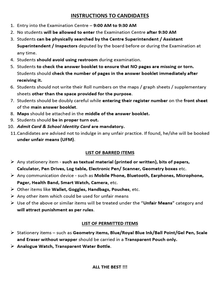 Board Exam Instructions for Students | PDF
